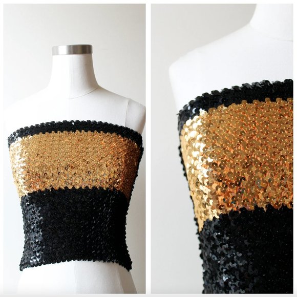 Tops | 198s Vintage Black Gold Sequin Stretchy Tube Top 80s Sparkly ...